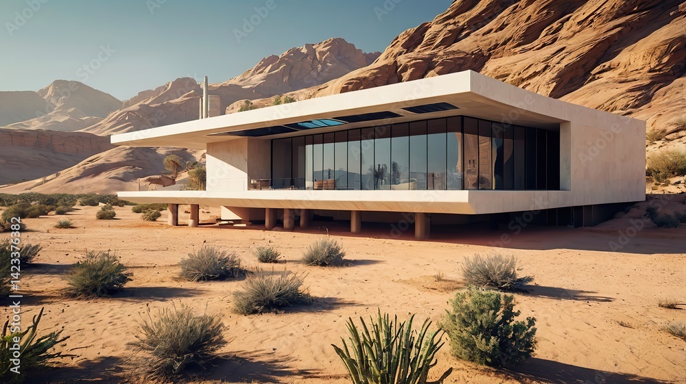 Futuristic desert home with solar shading louvers, sci-fi aesthetic ...