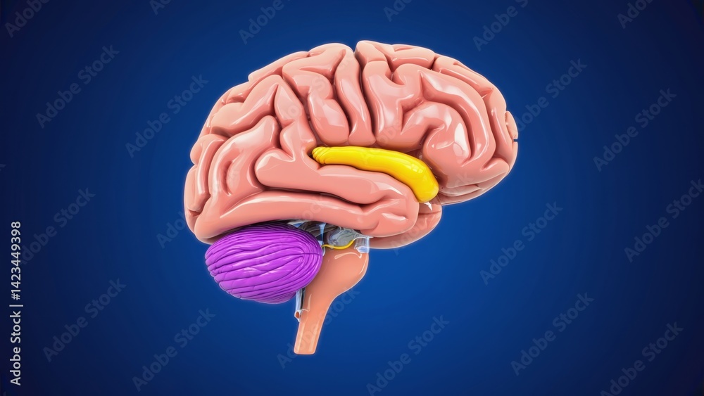 Vividly colored and labeled three-dimensional model depicting brain ...