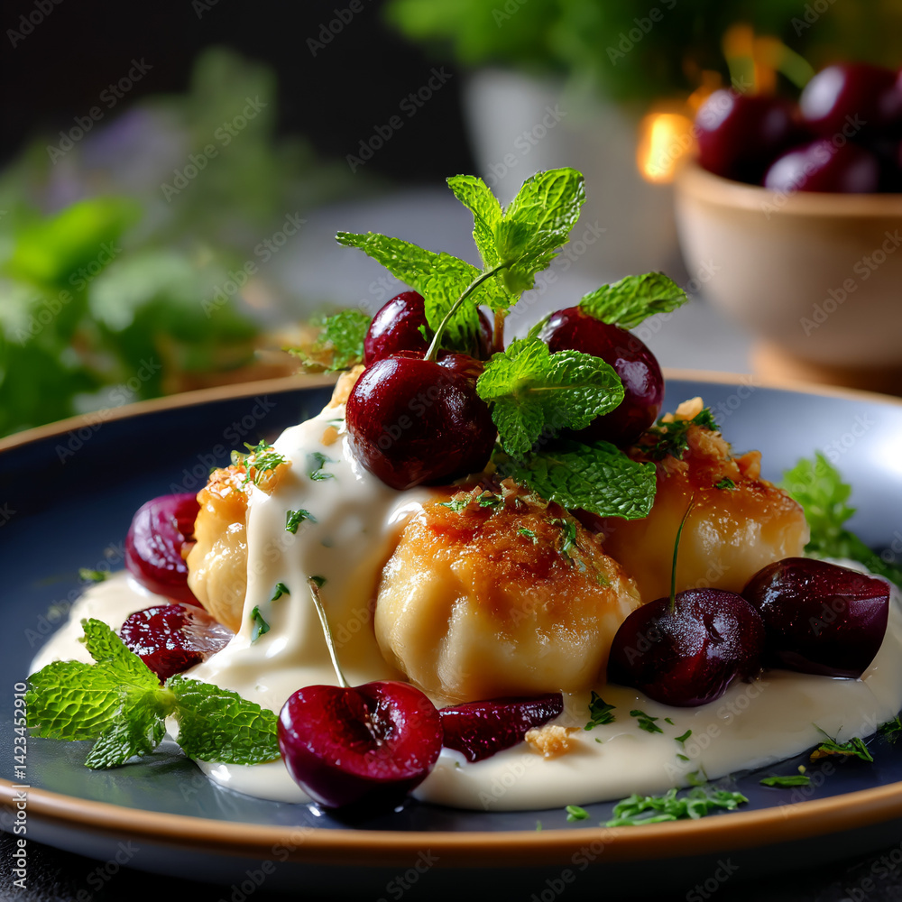 Cherry dumplings with sweet sour cream sauce Stock Photo | Adobe Stock