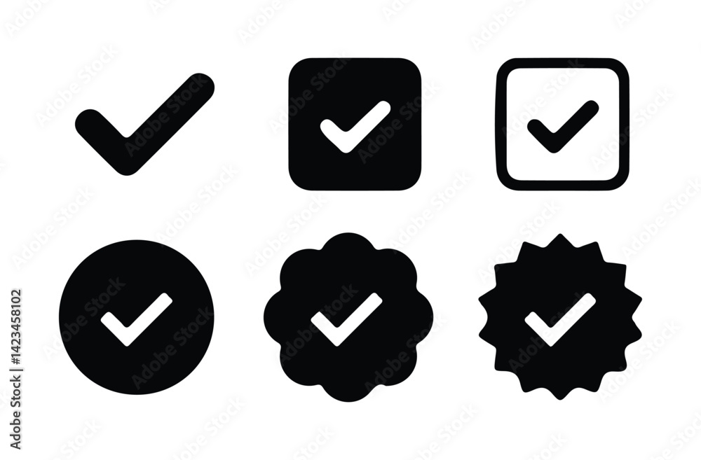 Checkmark icon set, approved symbol, checked checkbox mark, checkmark set black c,,ghek mark ...