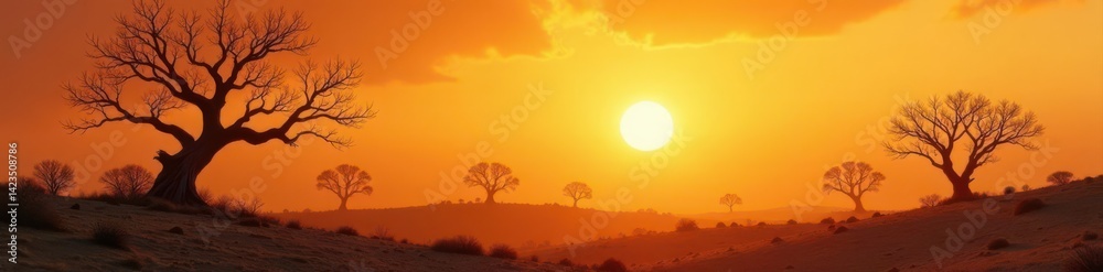 Sun-baked landscape; skeletal trees, hazy sky, defoliation, climate ...