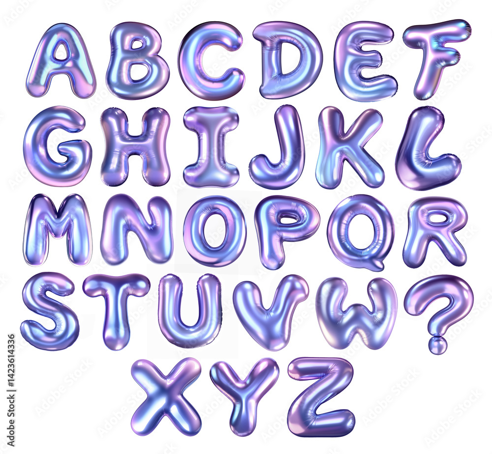 Y2K Holographic inflatable font from A to Z letters isolated. Colorful iridescent inflated full ...