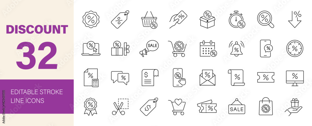 Discount icon set. Shopping related line icons: sale, coupon, shop, e ...
