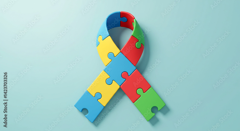 Colorful puzzle ribbon on blue background. Autism awareness concept ...