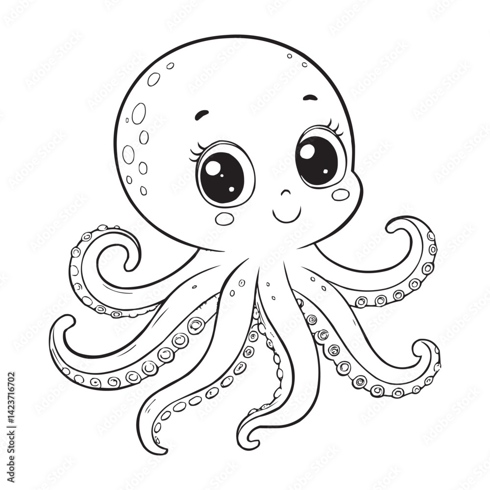 Cute Cartoon Octopus Coloring Page – Adorable Sea Animal Line Art for ...