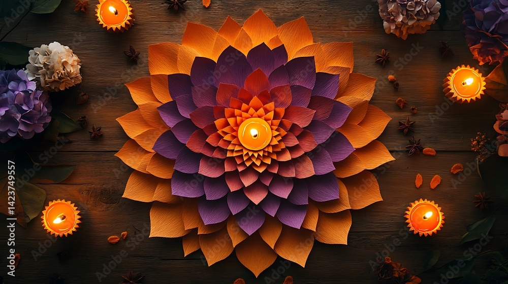 Top view of Diwali celebration setup with circular Rangoli in vivid ...