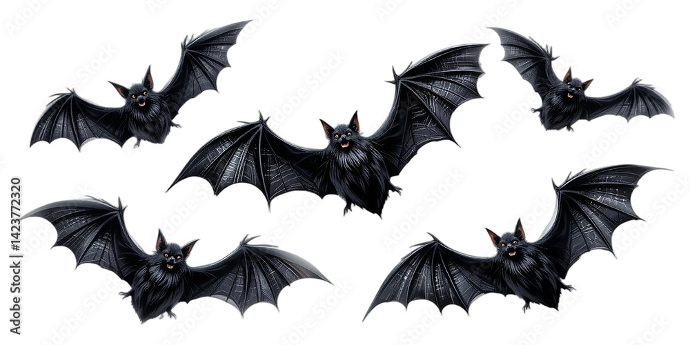 A group of eerie, flying black bats in various dynamic poses, perfect ...