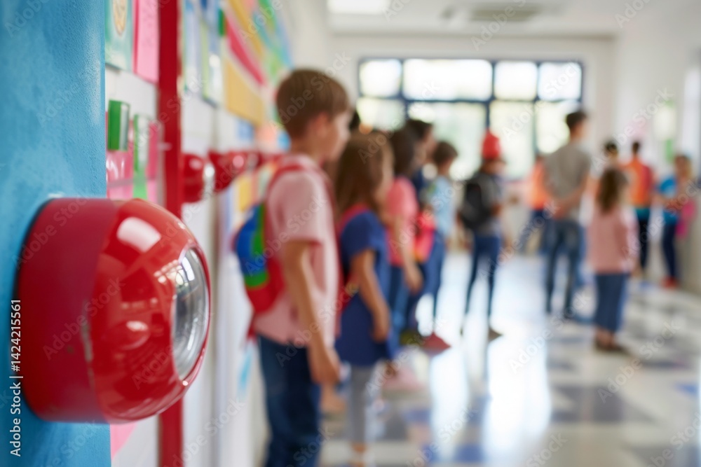 fire alarm on school wall with children participating in safety drill ...