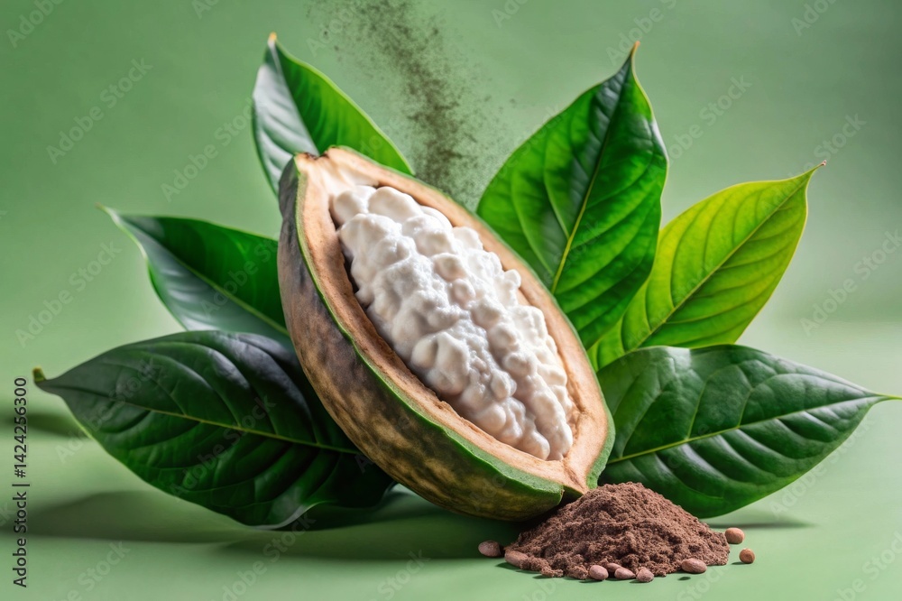 Cacao pod splitting open studio setting cocoa powder burst dramatic ...