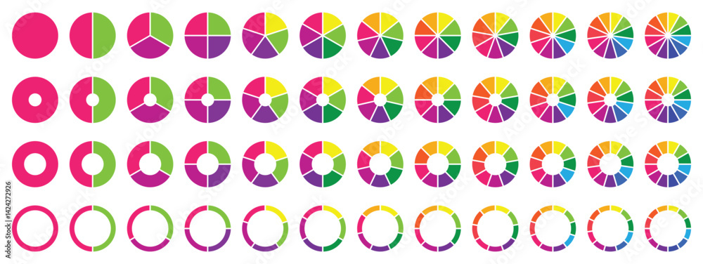 Circle pie chart diagram. Set of pie charts diagrams. Pie chart divided 2, 3, 4, 5, 6,7, 8, 9 ...