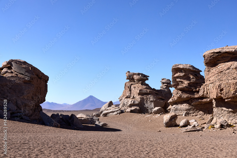 Weathered rock formations and stone arches sculpted by wind erosion in ...