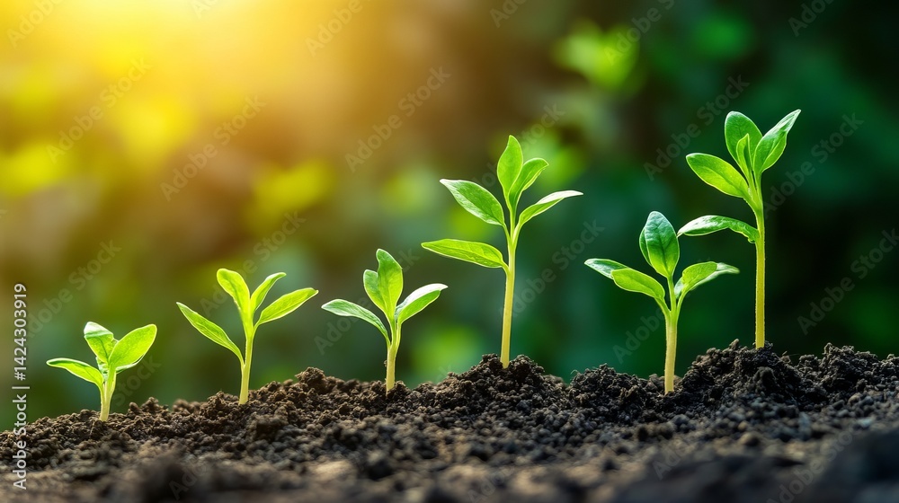 Progression of small plants growing in soil with sunlight and green ...