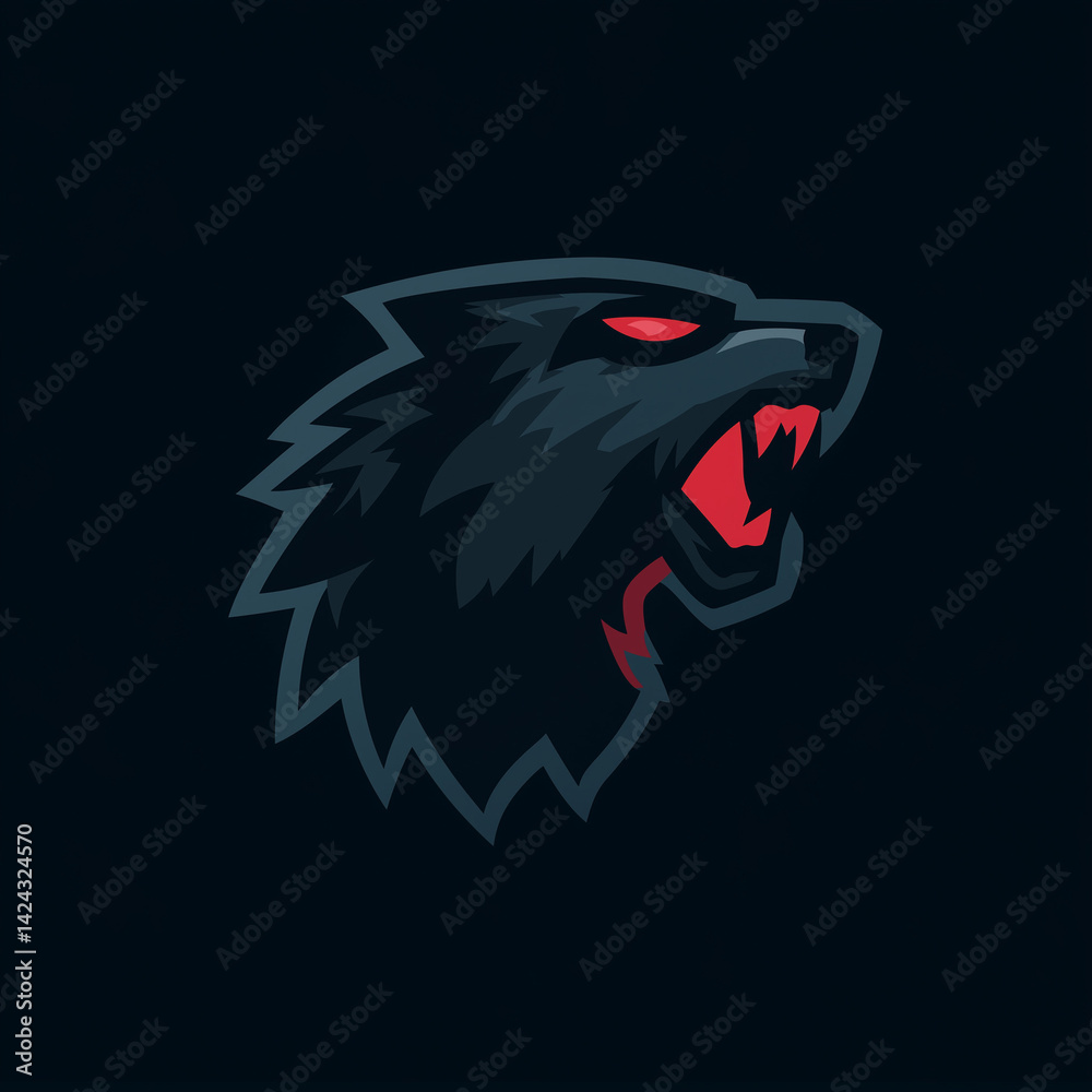 dire wolf roaring emblem, modern fantasy logo style, glowing red eyes ...