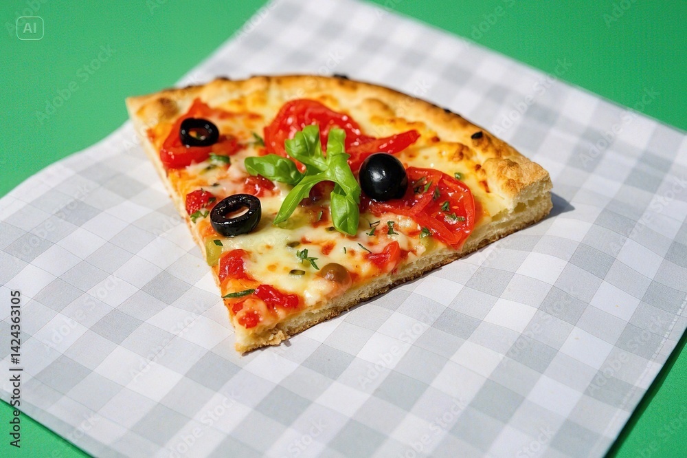Image of a pizza slice, featuring detailed toppings and a baked crust ...