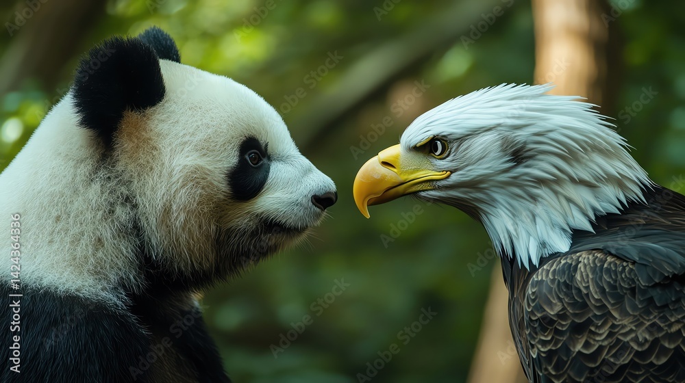 Panda and bald eagle facing each other eye contact forest background ...