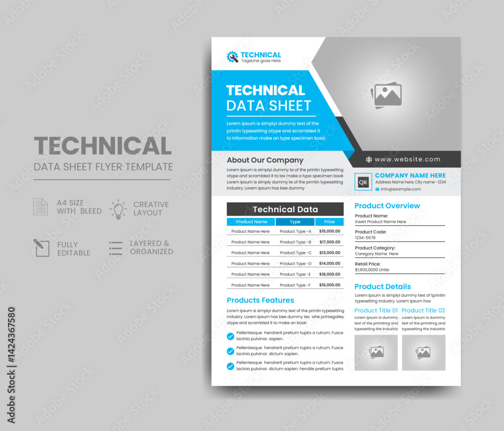 Technical Data Sheet Flyer Template Design Stock Vector | Adobe Stock