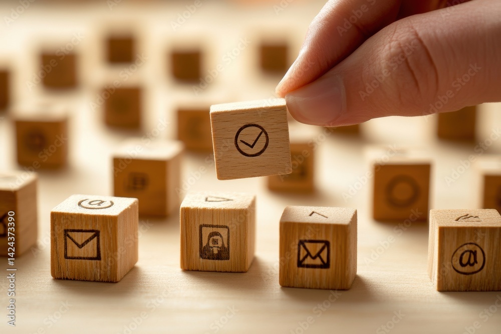 Hand selecting a wooden block with a youtube icon from a group of ...