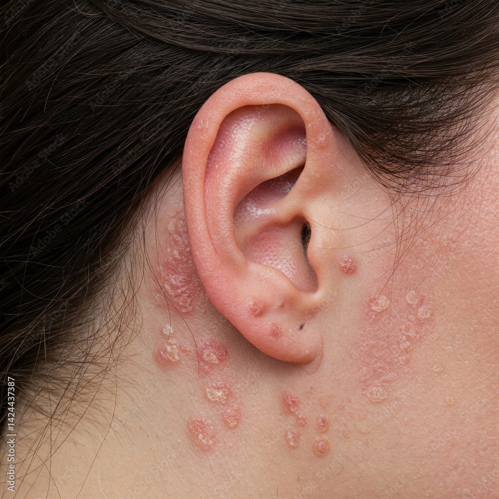 Close-up view of the back of a neck and hairline skin inflammation with ...