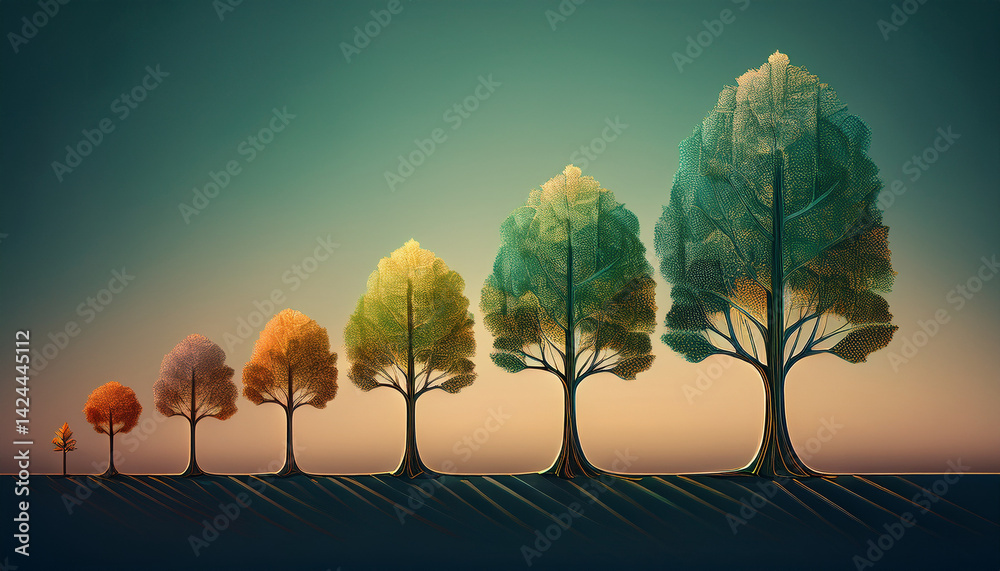 tree growth, nature progression, stylized forest, conceptual landscape, life stages ...