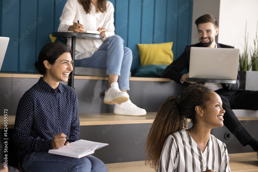 Funny learning. Happy young students group of different ethnicity ...