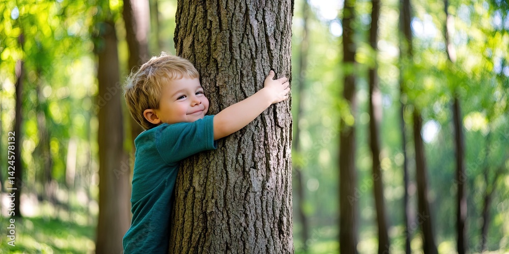 Foto de Stock kid hugging tree in park | Adobe Stock