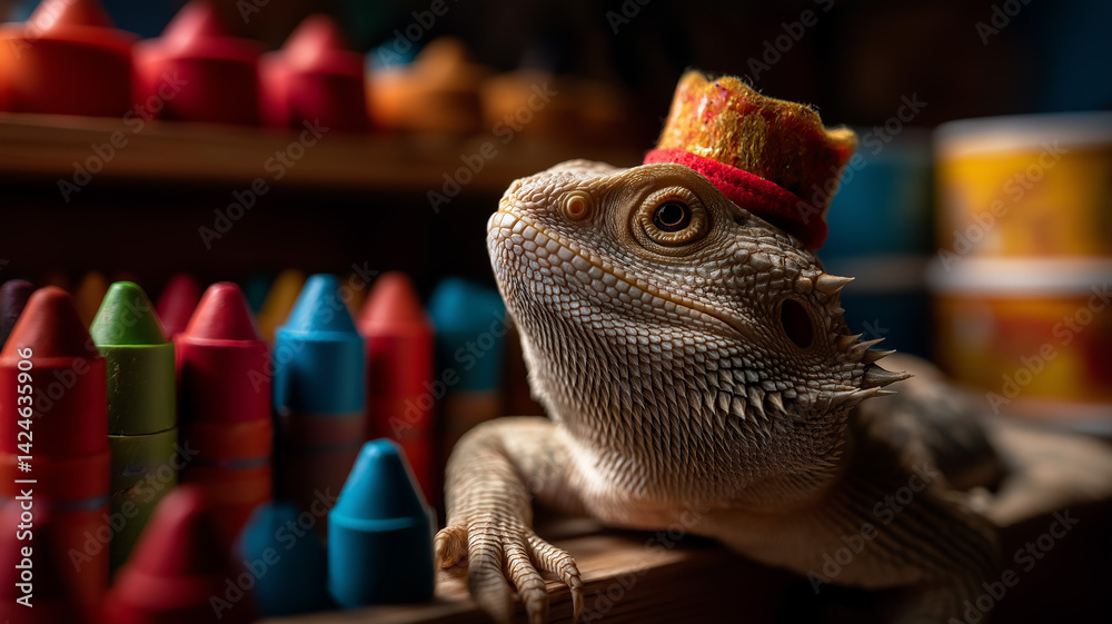Bearded dragon wearing tiny hat, sitting on throne made of crayons ...