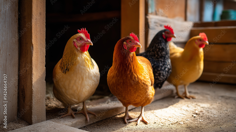 Rare chicken breeds in backyard coop, side angle of open coop door with ...