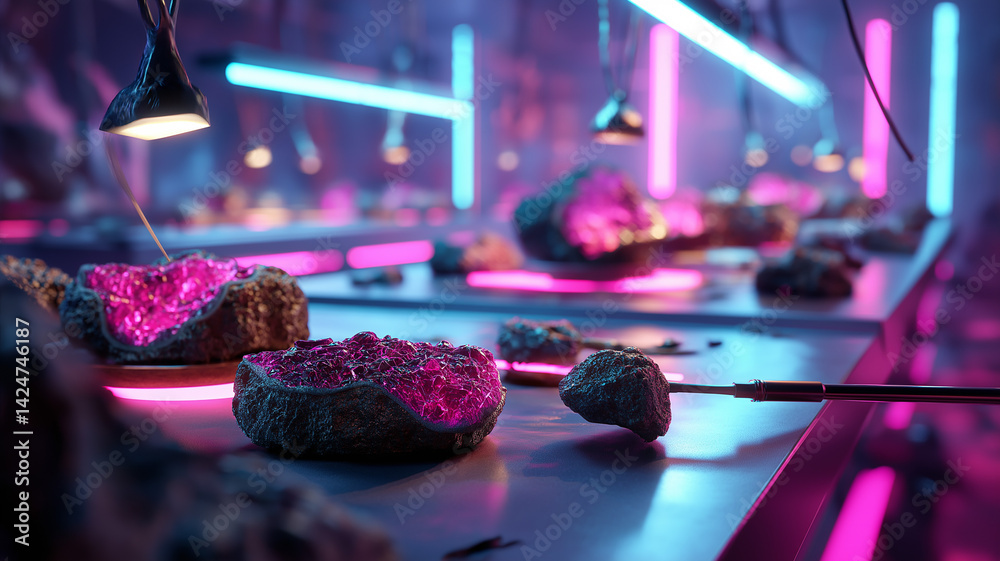 Rockhounds polishing geodes in a futuristic lab with neon lights ...