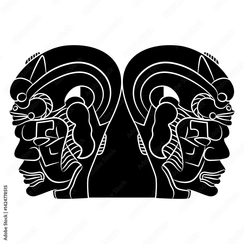 Symmetrical ethnic design with two stylized heads of an indigenous men ...