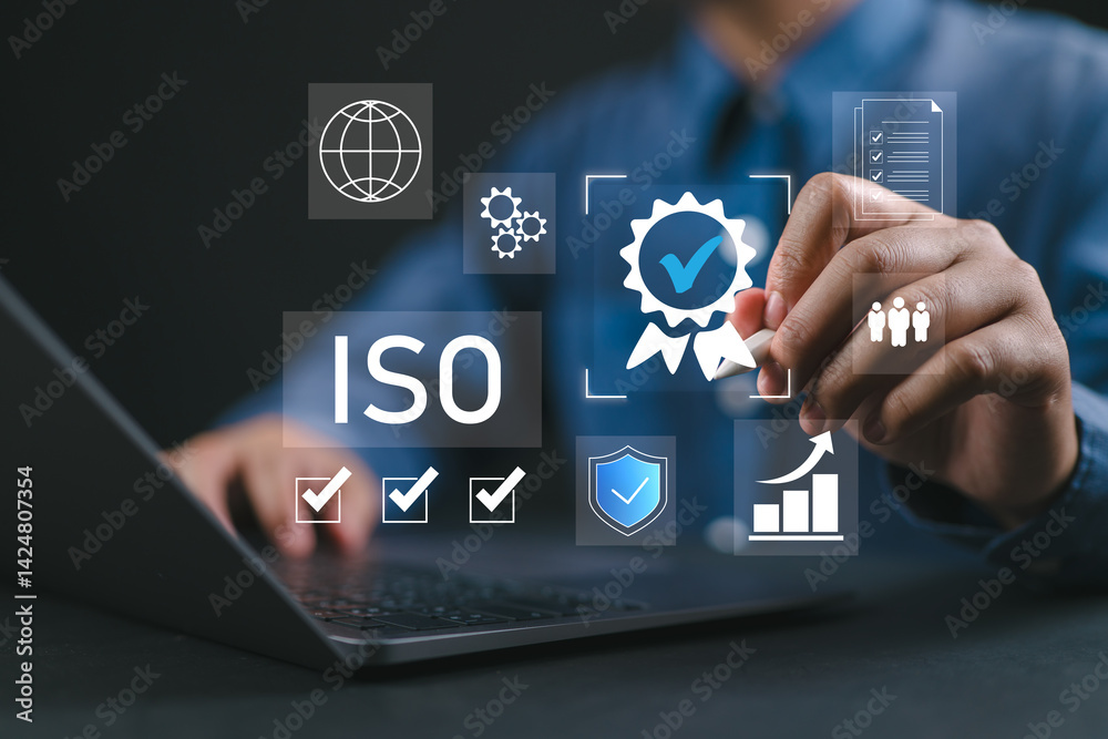 ISO certification and quality management concept. Businessman reviewing ISO certification ...