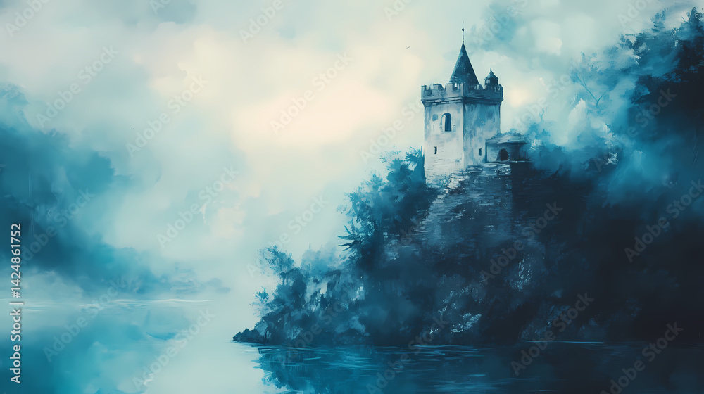 An ancient watchtower on a lakeside cliff, ghostly blue and white ...
