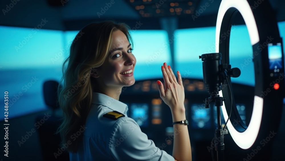 Woman filming vlog inside a plane with a surreal and vibrant cinematic ...