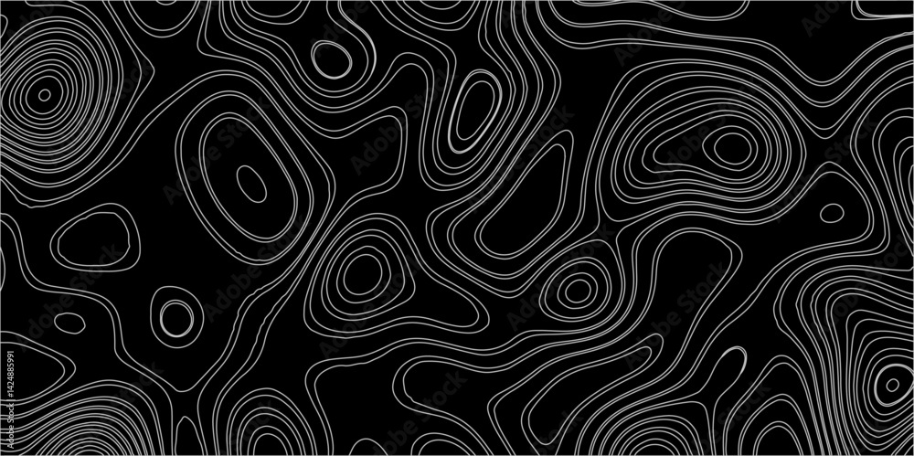 Abstract white on black background with Topographic line map pattern ...