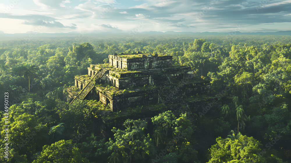 Aztec temple, olmec temple, toltec temple. vast tropical rain forest ...