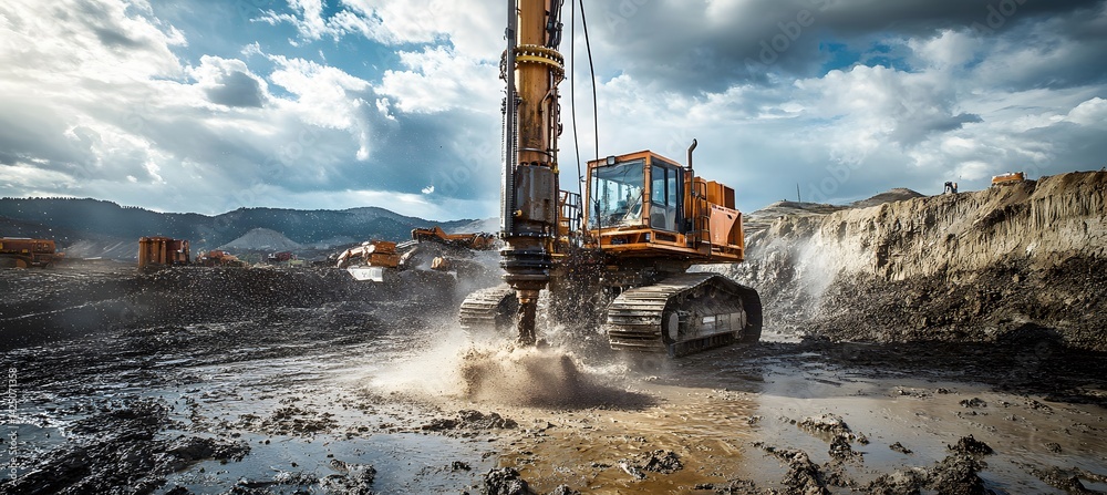 Heavy machinery drilling artesian well for groundwater extraction and ...