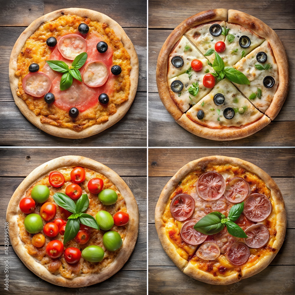 Four delicious pizzas arranged perfectly on a square background ideal ...