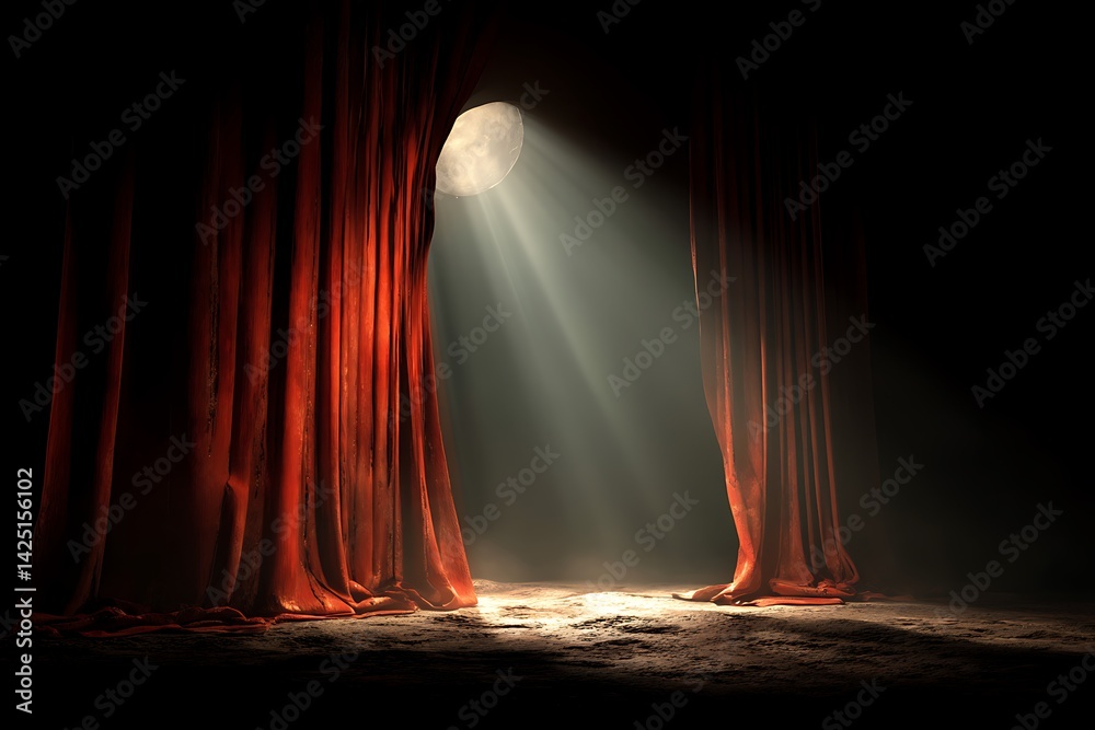 A dramatic stage with deep crimson velvet curtains parted to reveal an ...