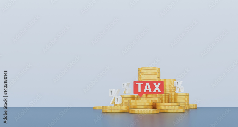 3D Tax Label with Gold Coins and Percentage Symbols on Neutral ...