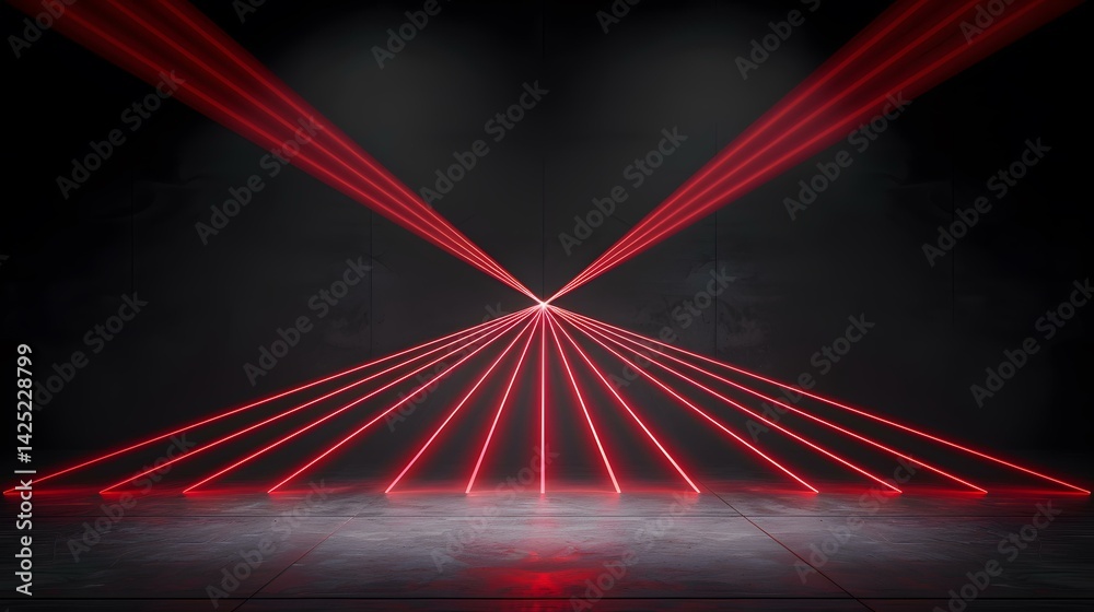 Multiple red laser beams converge at a central point on a dark floor ...
