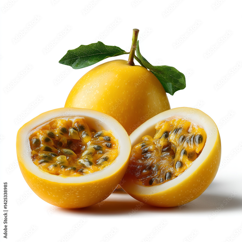 Whole and halved ripe passion fruit with golden pulp and dark seeds ...
