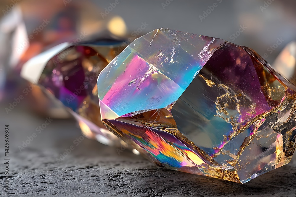 Macro photograph of a natural crystal formation, rainbow prisms ...