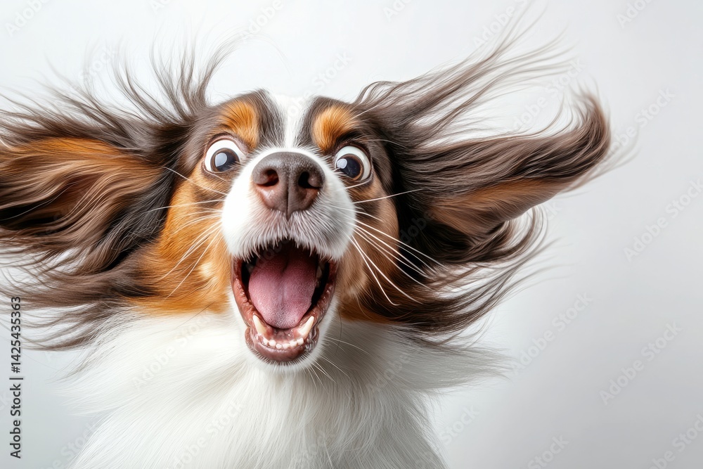 Dog with a big smile on its face and its tongue out. The dog's hair is ...