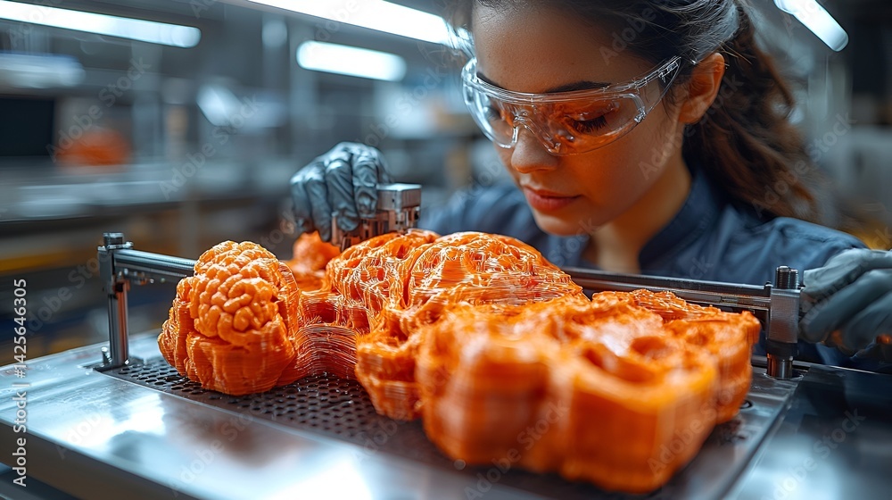 Scientist using precision tools to examine 3D printed brain models ...