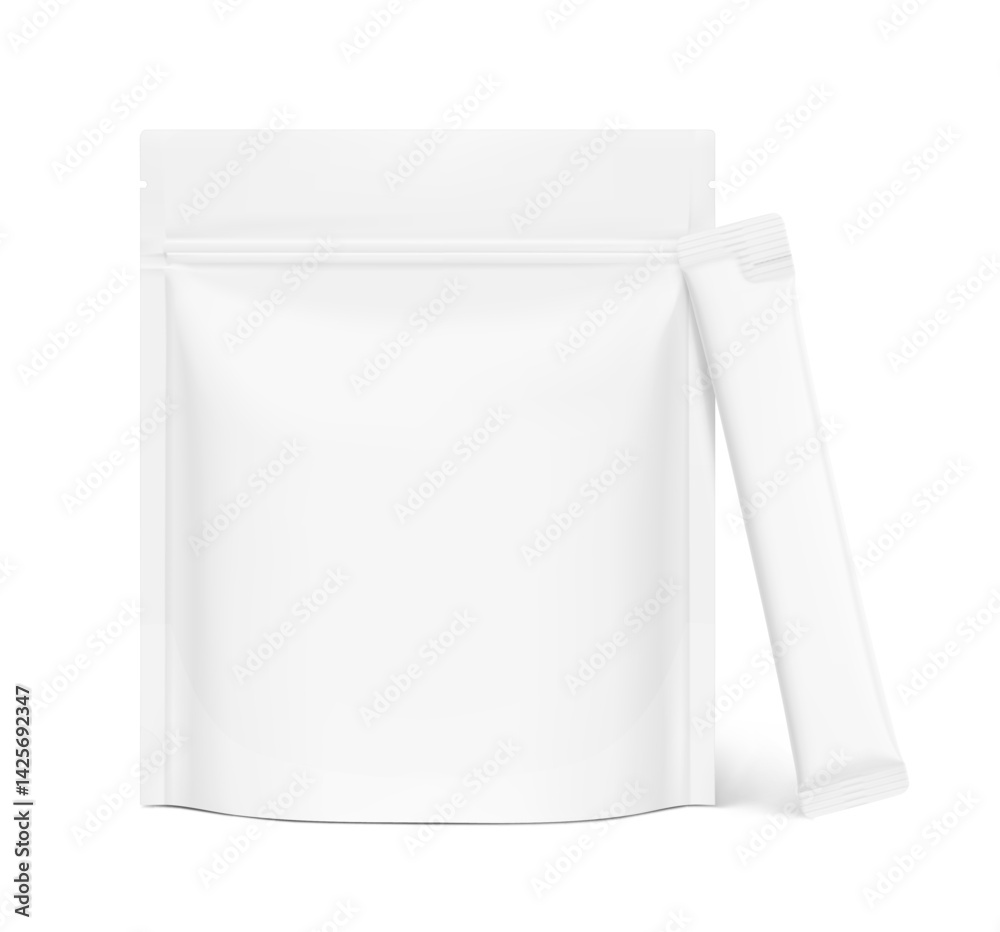 Realistic stand up pouch bag with stick mockup set. Vector illustration ...