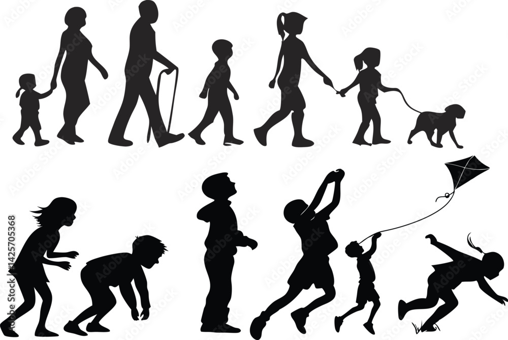 Silhouettes, walking figures, evolution of human posture, black and ...