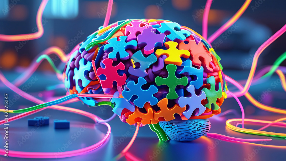 3D colorful brain made of puzzle pieces, glowing neon connections ...