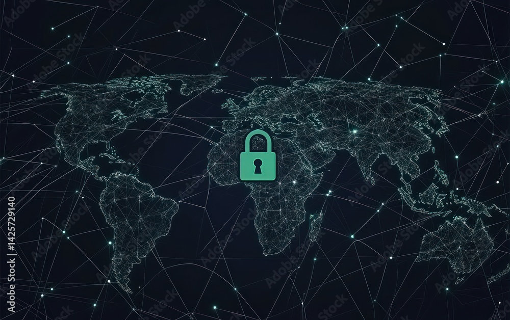 World map with network connections and a padlock security symbol in ...
