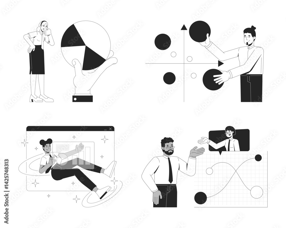 Diverse people with data visualization line illustration concepts set ...