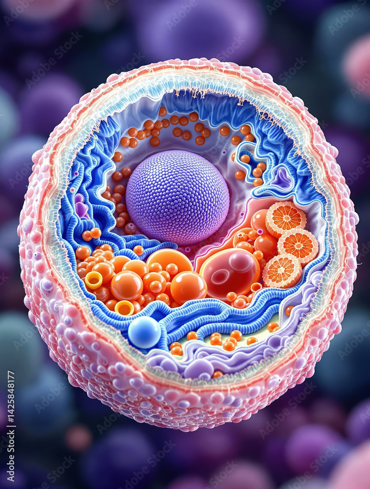 Animal Cell in 3D with Cut Section Showing Nucleus and Internal ...