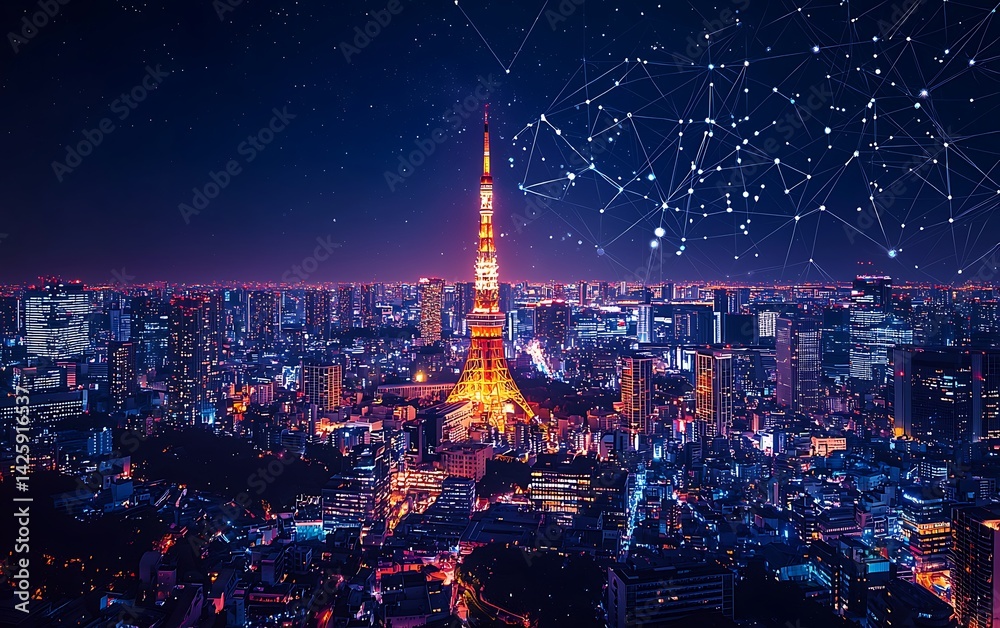 Stock-Illustration „Night cityscape with futuristic digital network ...